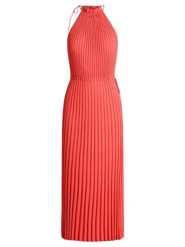 Scanlan Theodore Pleated Rib Gather Neck Midi Dress - Crayon