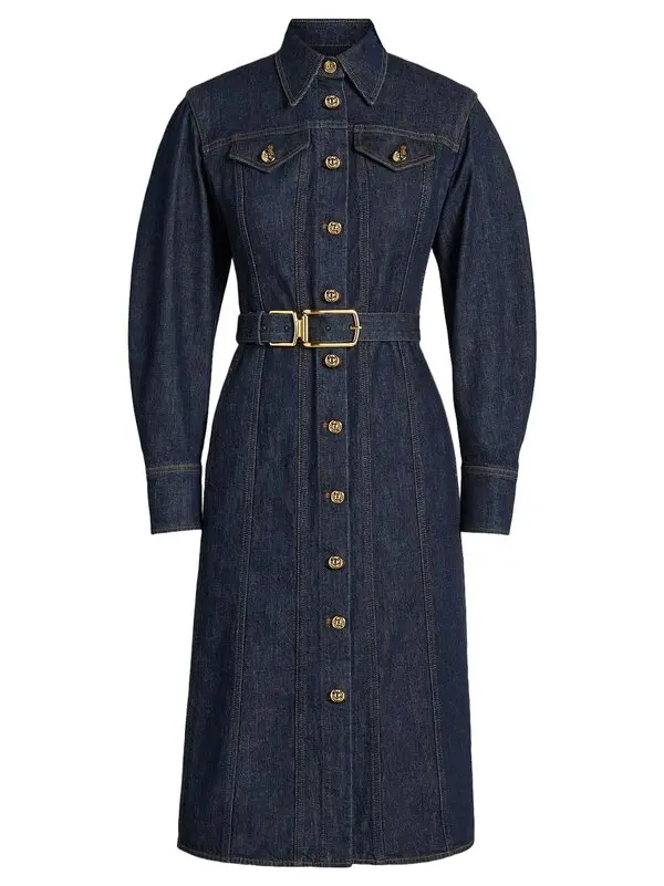 Scanlan Theodore Denim Gold Buckle Midi Shirt Dress - Indigo.b