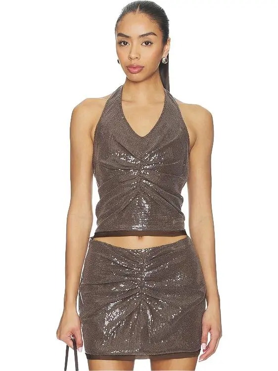 PRIVATE POLICY Gather Sequin Halter Top - Brown