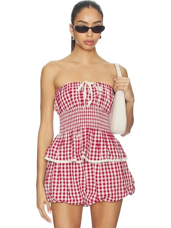 MAUDE CLUB Flora Top In Red - Berry Gingham