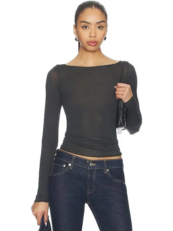 SKIMS Sheer Modal Long Sleeve Boat Neck T-shirt - Onyx