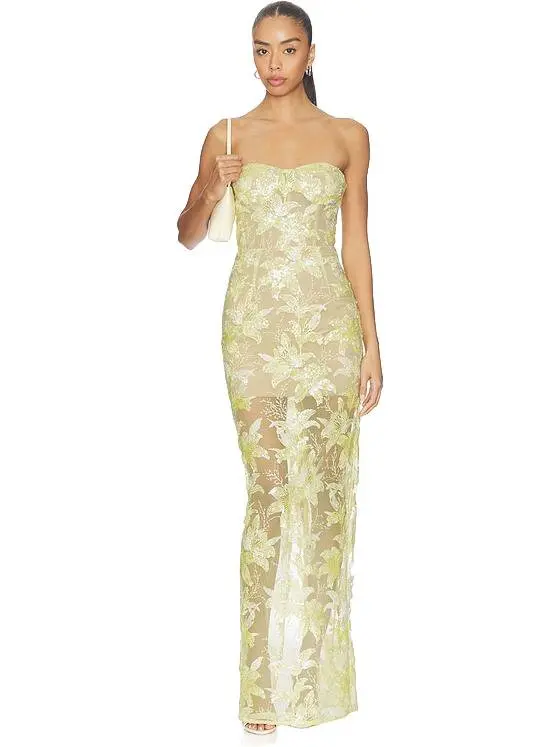 BRONX AND BRONCO Daffodil Sequin Dahlia Strapless Maxi Dress In Yellow - Buttery Yellow
