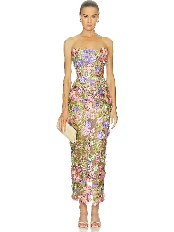 BRONX AND BRONCO Iris Floral Maraya Strapless Ankle Dress In Pink - Pink Purple Multi