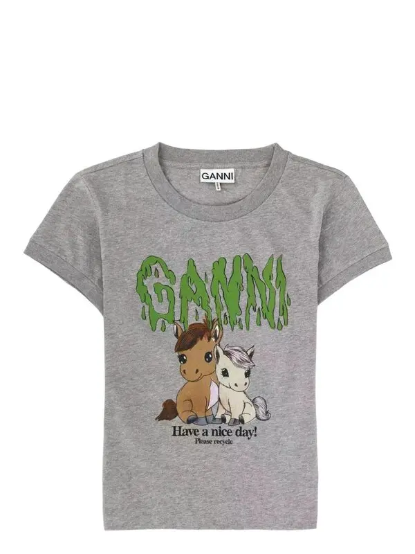 GANNI Graphic-print Cotton T-shirt - Grey