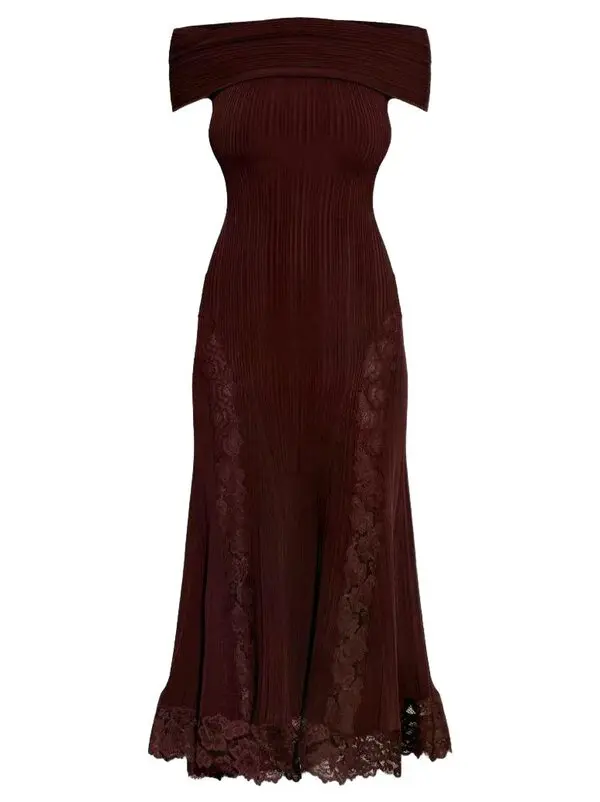 SELF-PORTRAIT Off-shoulder Lace-detail Midi Dress - Red
