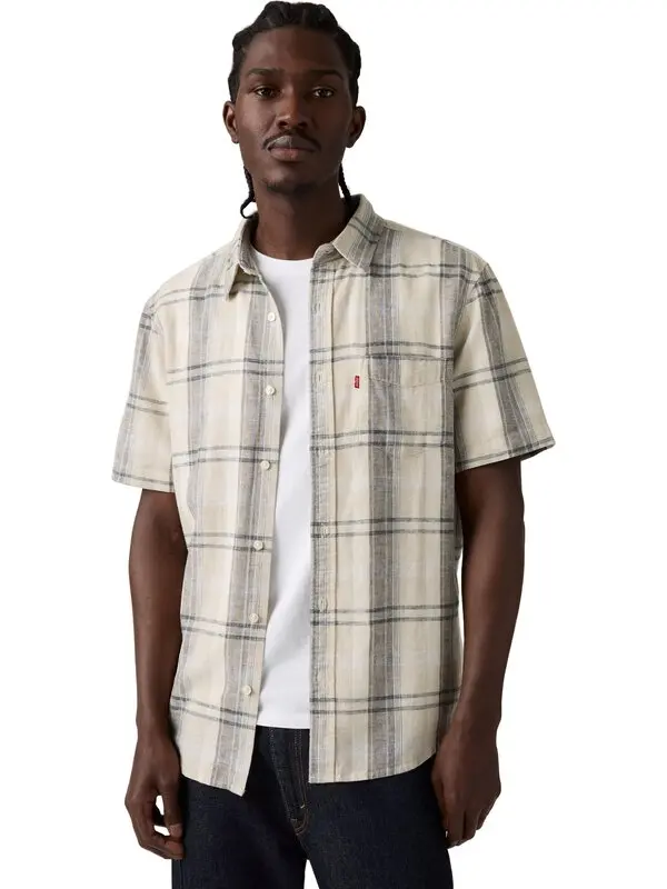 LEVI'S Short-sleeve Sunset One Pocket Cotton Linen Shirt - Karlo Plaid Oatmeal