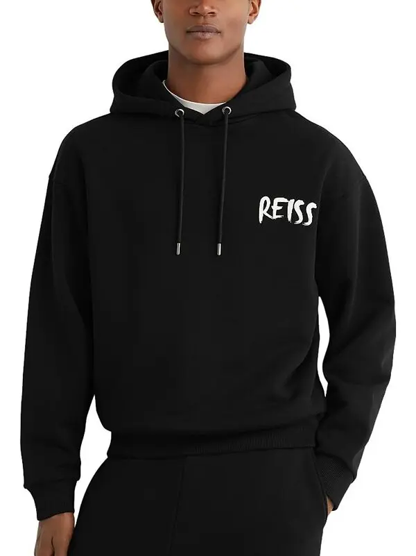 REISS Printed Cotton Hoodie - Black
