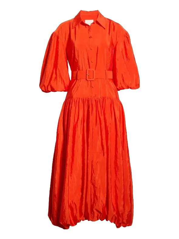 Cinq À Sept Daliah Belted Puff Sleeve Shirtdress - Red Tangerine