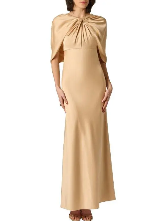 Aidan Mattox Cape Sleeve Satin Gown - Champagne
