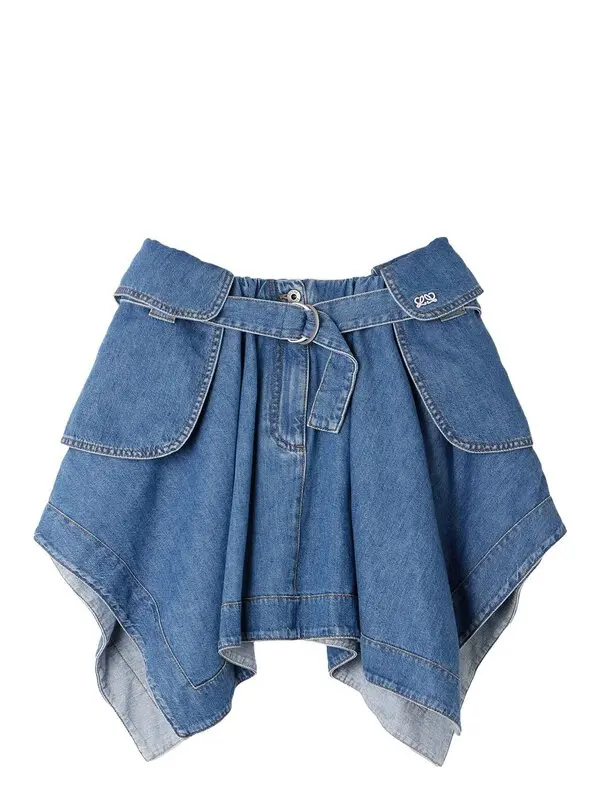 Loewe Belted Asymmetric Draped Embroidered Denim Mini Skirt - Mid Denim