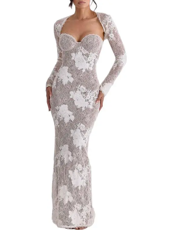 House Of Cb Lucienne Lace Corset Strapless Gown & Bolero Set - Ivory