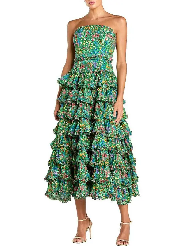 Mac Duggal Floral Cotton Strapless Tiered Ruffle Midi Dress - Green Multi