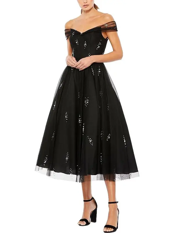 Mac Duggal Petite Ieena Off The Shoulder Embellished Tulle Cocktail Dress - Black