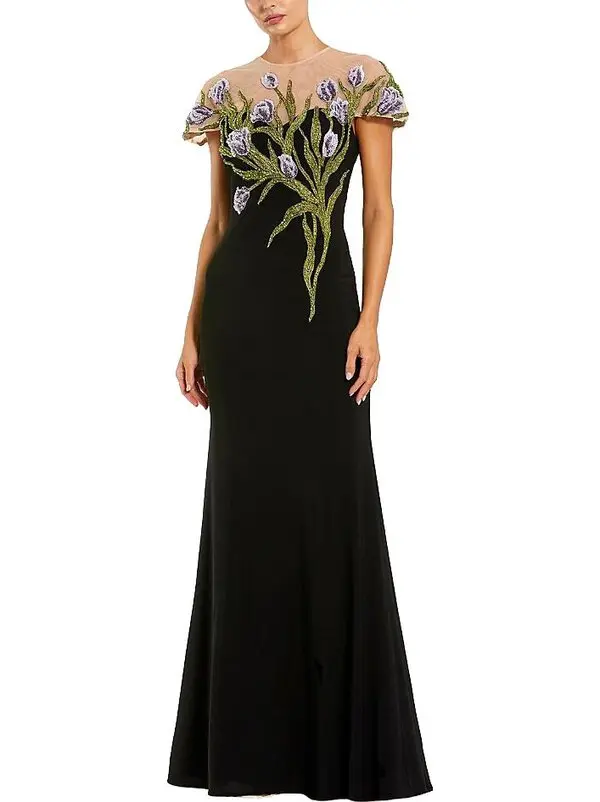 Mac Duggal Jersey Floral Embroidered Illusion Neck Gown - Black Multi