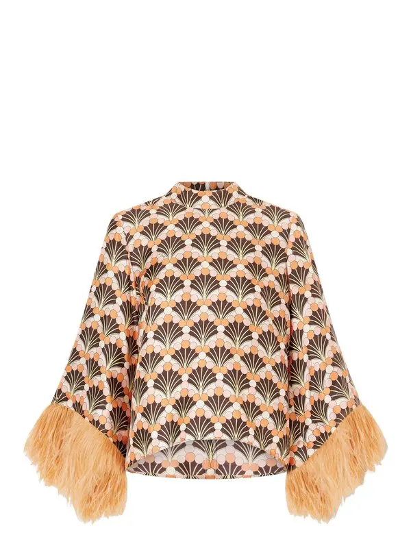 La DoubleJ Make An Exit Feather-trimmed Printed Silk-twill Top - Orange