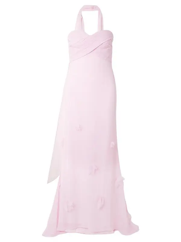 SELF-PORTRAIT Scarf-detailed Strapless Appliquéd Georgette Gown - Pink