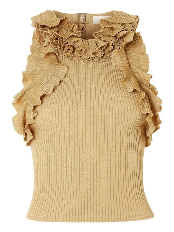 Zimmermann Luna Cropped Ruffled Metallic Ribbed-knit Top - Gold