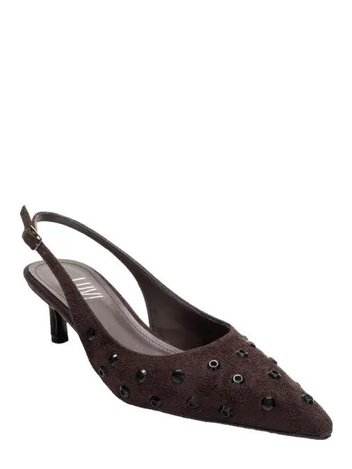 PROLOGUE SHOES Lorex Embellished Stiletto Slingback Pump - Brown Suede
