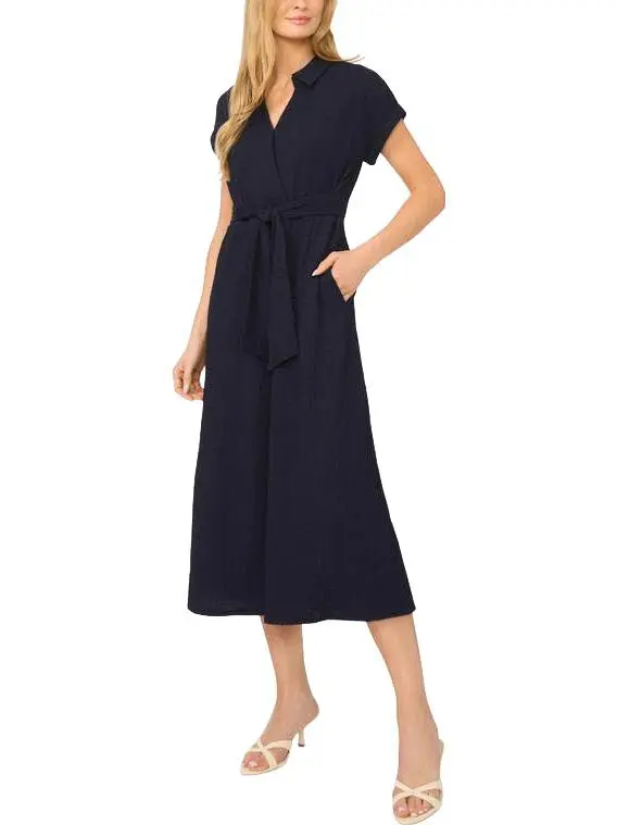 Halogen Tie Belt Textured Midi Dress - Baritone Blue