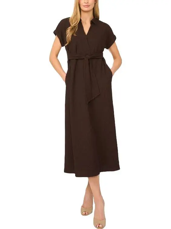 Halogen Tie Belt Textured Midi Dress - Mole