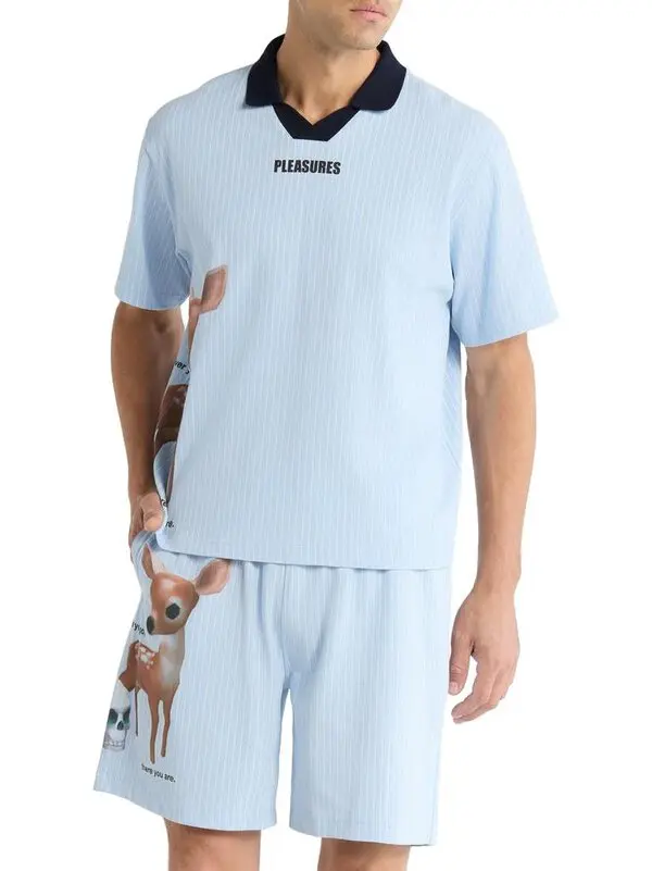 PLEASURES Pet Pinstripe Graphic Cotton Polo - Blue