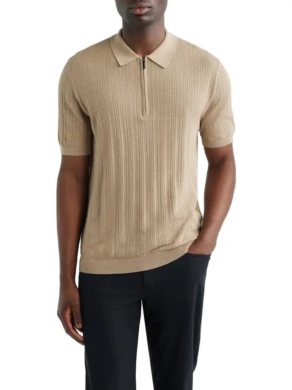 Emporio Armani Textured Quarter Zip Polo - Tan