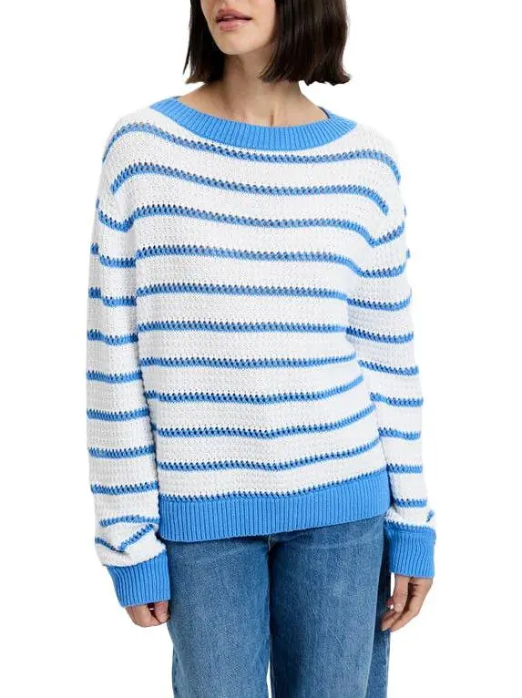 French Connection Stripe Open Stitch Cotton Sweater - 10-summer White-blue Hy