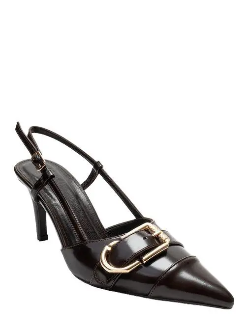 PROLOGUE SHOES Noen Buckle Pointed Toe Stiletto Pump - Brown