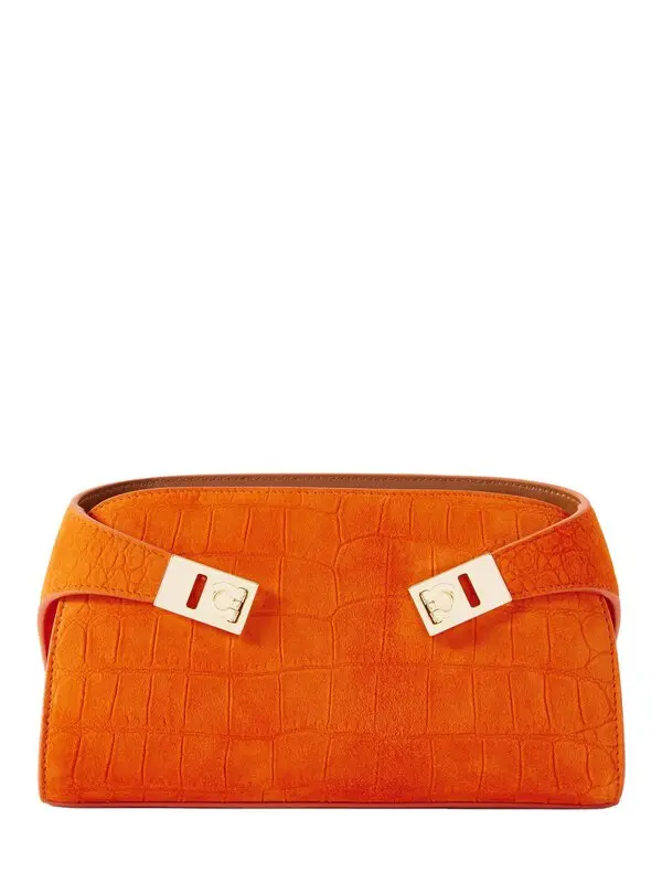 FERRAGAMO Hug Croc-effect Suede Shoulder Bag - Orange