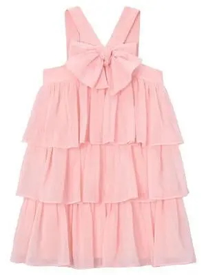 MAYORAL Tiered Bambula Dress With Bow - Pink