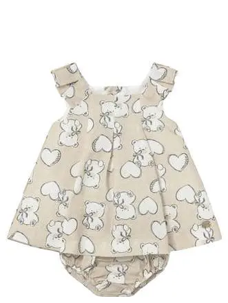 MAYORAL Teddy Bear Print Dress With Nappy Cover - Beige