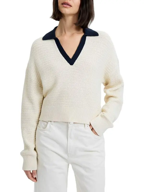 French Connection Mozart Contrast Johnny Collar Knit Top - Ecru-marine