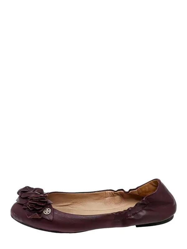 Tory Burch Floral Appliqué Leather Ballet Flats - Red