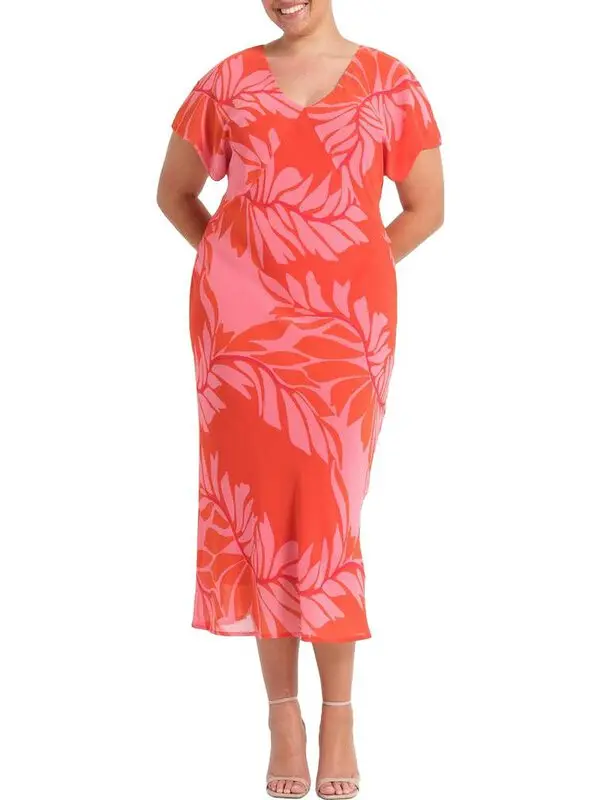 ESTELLE Leyla Leaf Print Sheath Midi Dress - Peony Rouge