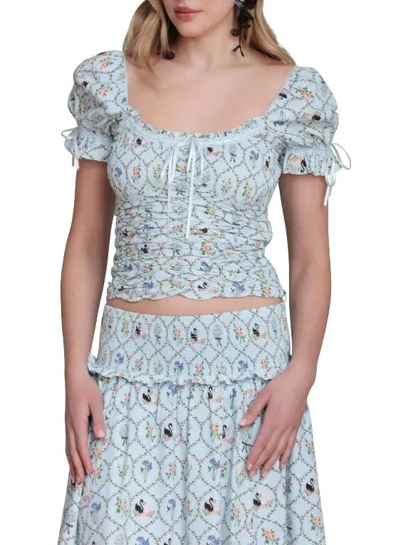 Avec Les Filles Floral Lattice Peasant Top - Blue Swan