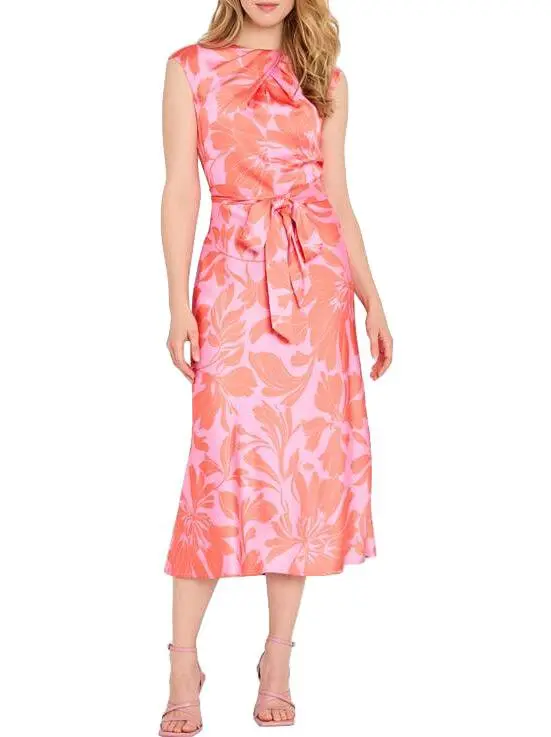 TAHARI ASL Floral Cross Neck Sleeveless Midi Dress - Guava Flamingo