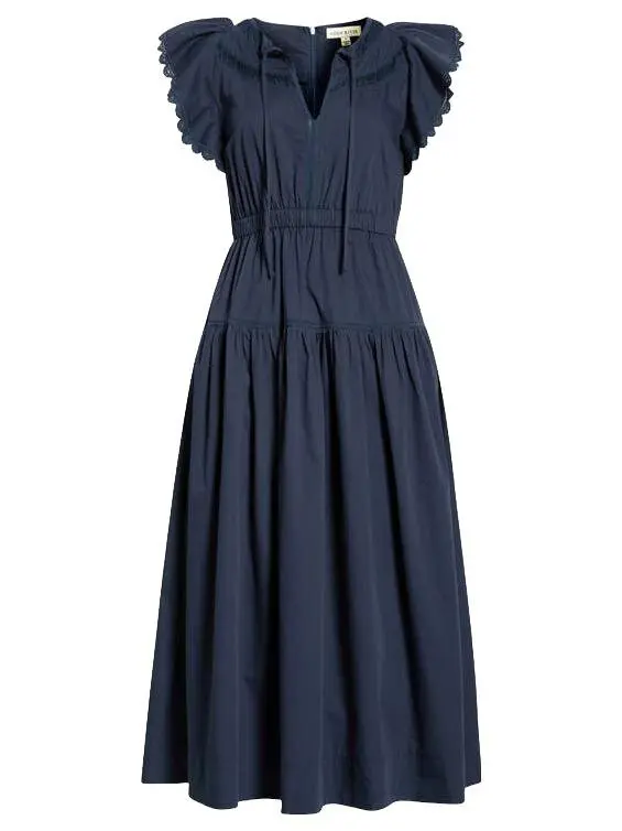 Moon River Flutter Sleeve Midi Dress - Navy