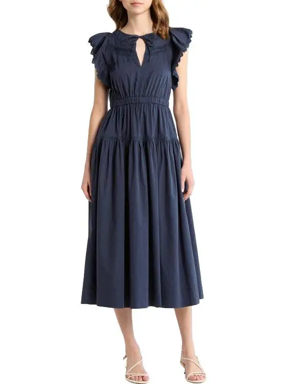 Moon River Flutter Sleeve Midi Dress - Navy
