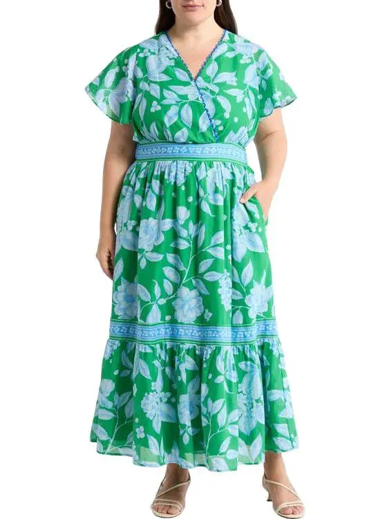 SUGARLIPS Verbena Floral Ingrida Surplice Midi Dress - Kelly-blues