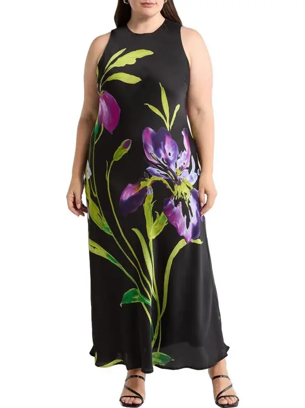 SUGARLIPS Varkey Saisha Floral Satin Midi Dress - Purple-black