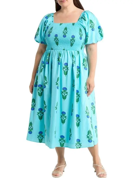 SUGARLIPS Maray Floral Smocked Midi Dress - Blue Green Multi
