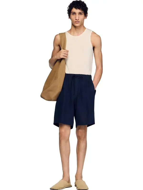 Sandro Linen Shorts With Elastic Waist - Navy Blue