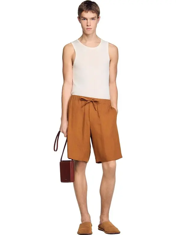 Sandro Linen Shorts With Elastic Waist - Whisky