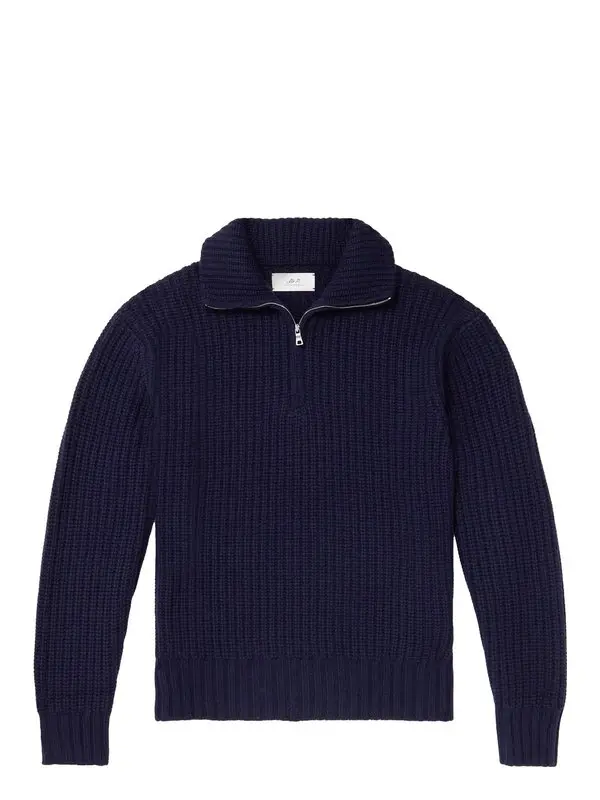 Mr P. Ribbed Wool And Cashmere-blend Half-zip Sweater - Blue