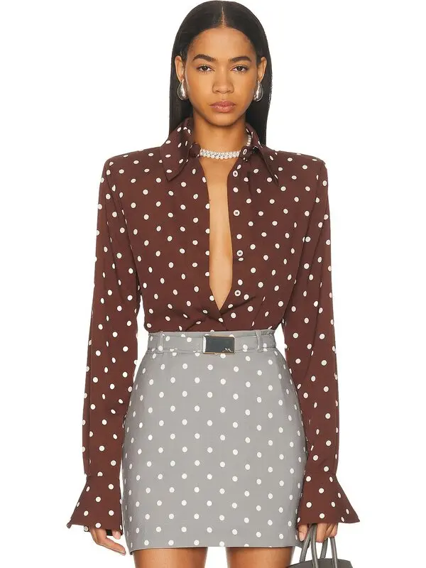 ROWEN ROSE Long Sleeve Top - Brown Polka Dots