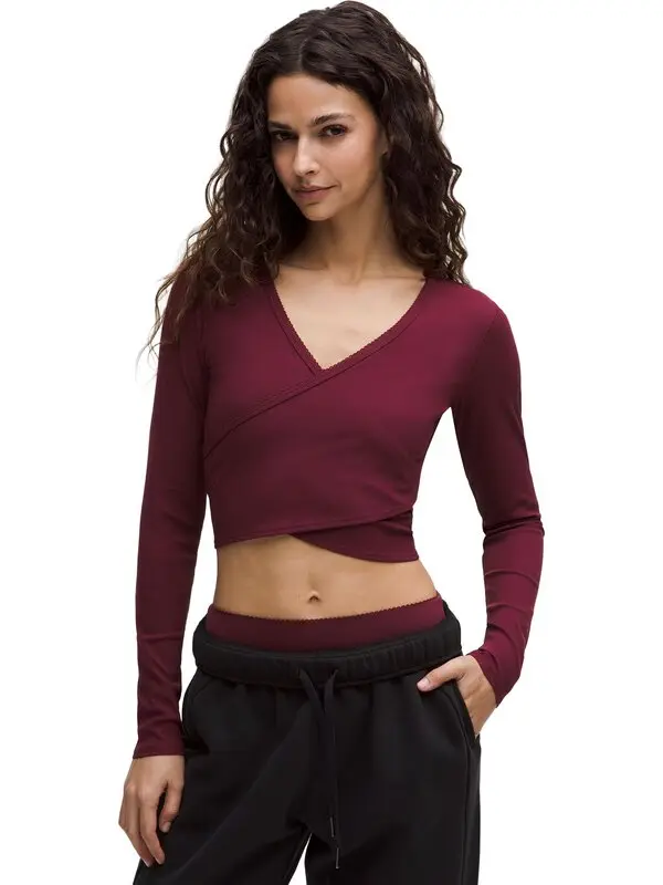 Lululemon Nulu Ribbed Wrap-front Long-sleeve Shirt - Burgundy Bay