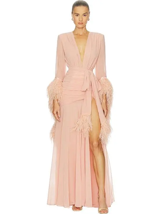 BRONX BANCO Geisha Maxi Dress With Feather Trim - Peach