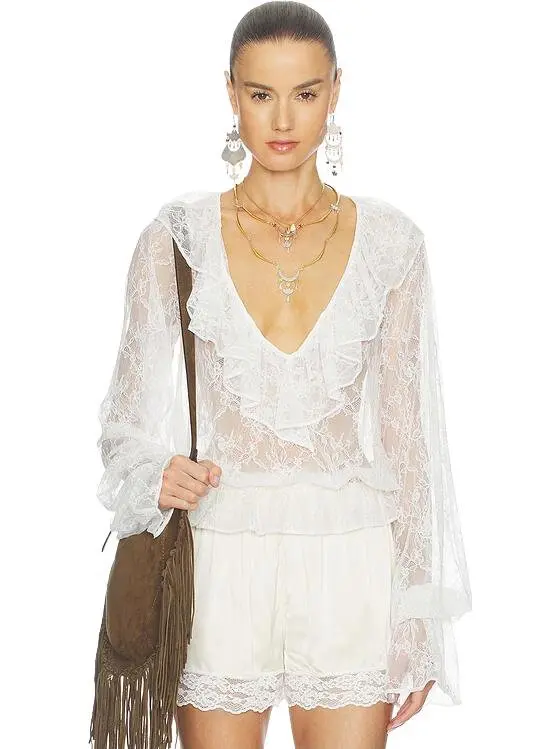 Tularosa Marie Lace Trimmed V-neck Top - White