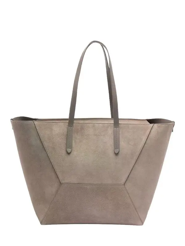 Brunello Cucinelli Leather Tote Bag With Detachable Pouch - Grey