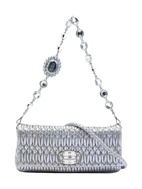 Miu Miu 2010-2026 Matelasse Metallic Nappa Crystal Chain Satchel - Silver